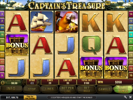 Captain's Treasure Pro Slots: 20 Line, Free Spins, Gamble Feature