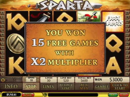Sparta Slot Machine: 15 Free Spins, 2x Multiplier, Gamble Feature